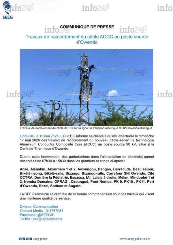 Grand Libreville : La SEEG prévoit une grosse coupure (…) - Info241 ...